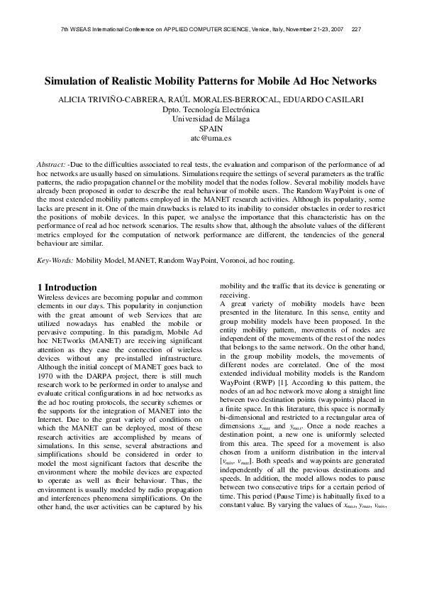 (PDF) Simulation of Realistic Mobility Patterns for Mobile Ad Hoc Networks