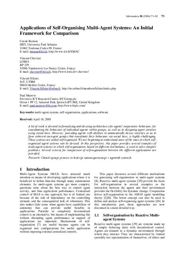(PDF) Applications of self-organising multi-agent systems: an initial framework for comparison