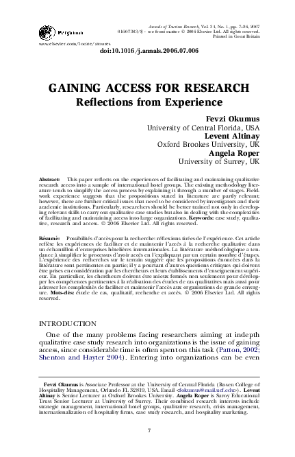 (PDF) Gaining access for research. Reflections from experience