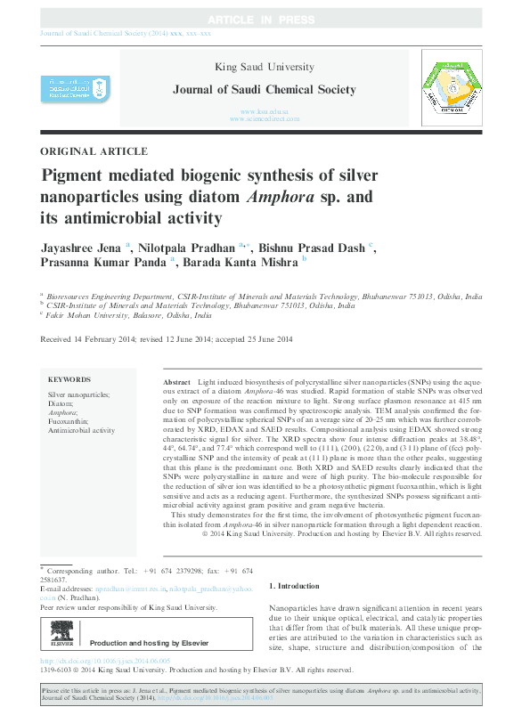 (PDF) Pigment mediated biogenic synthesis of silver nanoparticles using diatom Amphora sp. and ...