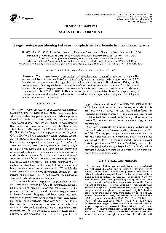 (PDF) Oxygen isotope partitioning between phosphate and carbonate in mammalian apatite