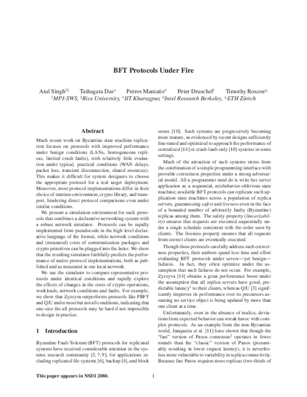(PDF) BFT Protocols Under Fire | Atul Singh - Academia.edu