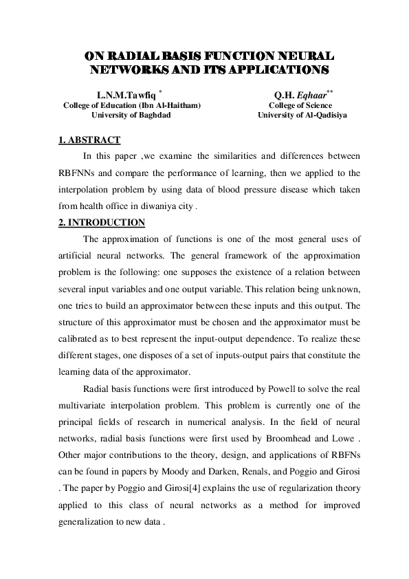 Pdf On Radial Basis Function Neural Networks And Its Applications