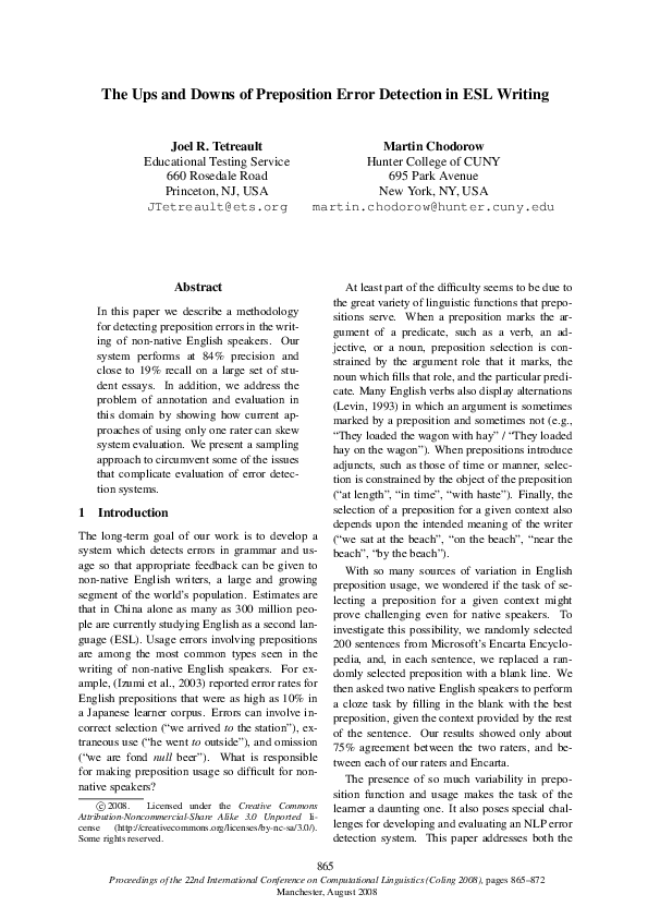 Pdf The Ups And Downs Of Preposition Error Detection In Esl Writing