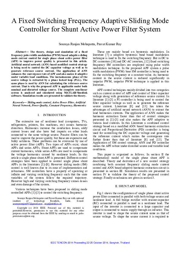 Pdf A Fixed Switching Frequency Adaptive Sliding Mode Controller For Shunt Active Power Filter