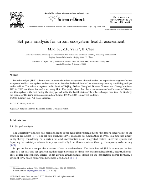 (PDF) Set pair analysis for urban ecosystem health assessment