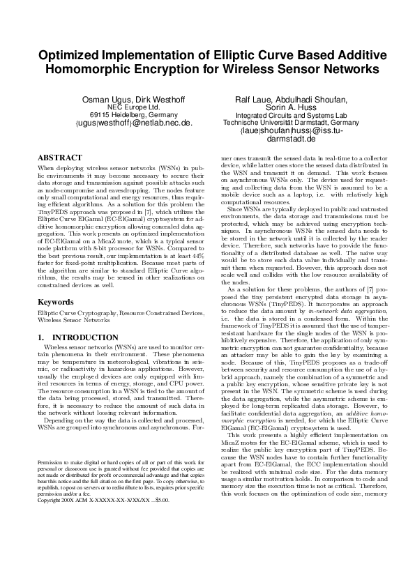 Pdf Optimized Implementation Of Elliptic Curve Based Additive Homomorphic Encryption For