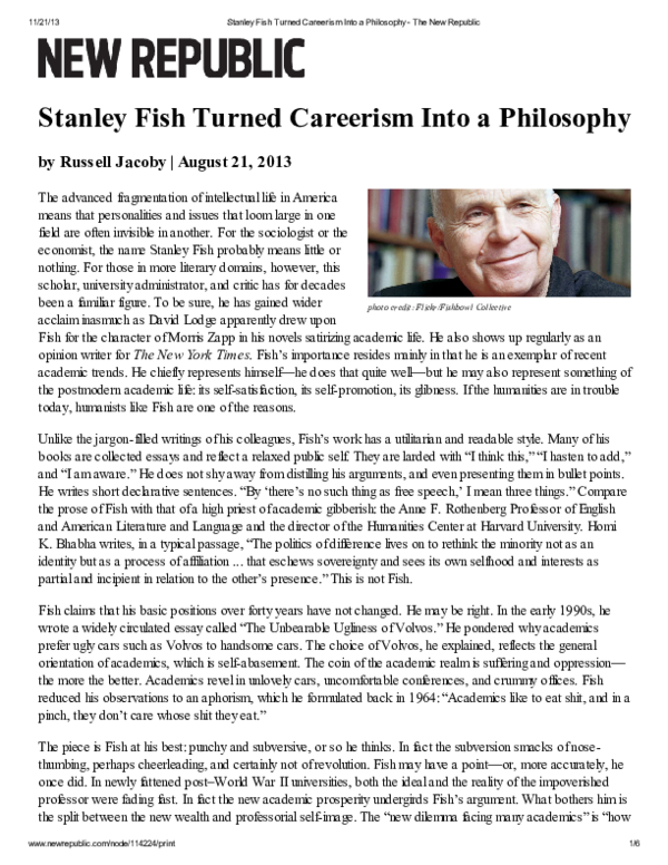 (PDF) On Stanley Fish and Academic Careerism