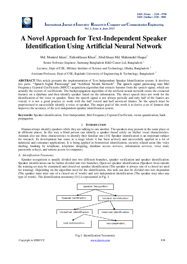 (PDF) A Novel Approach for Text-Independent Speaker Identification Using Artificial Neural Network
