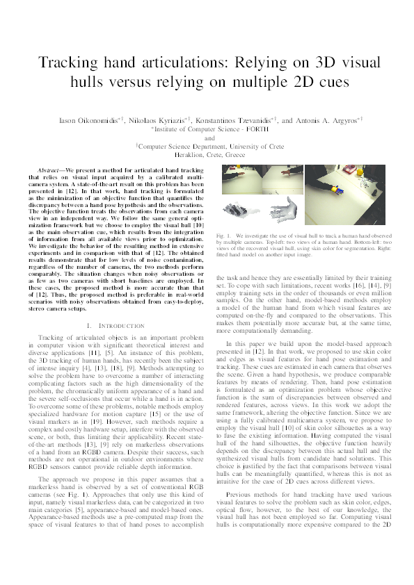 Tracking hand articulations: Relying on 3D visual hulls versus relying ...