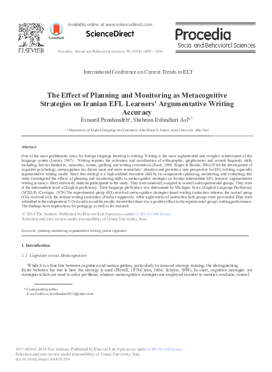 (PDF) The Effect of Planning and Monitoring as Metacognitive Strategies on Iranian EFL Learners ...
