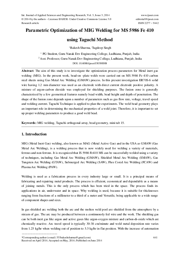(PDF) Parametric Optimization of MIG Welding for MS 5986 Fe 410 using Taguchi Method