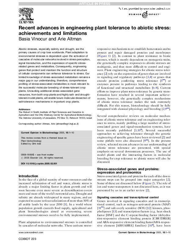 (PDF) Recent advances in engineering plant tolerance to abiotic stress: achievements and limitations