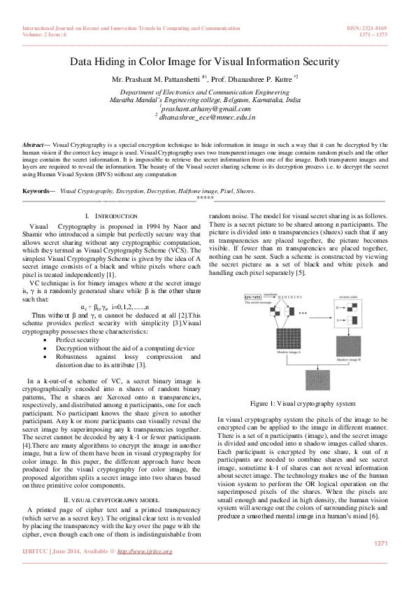 Pdf Data Hiding In Color Image For Visual Information Security