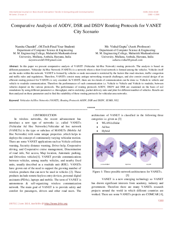 Pdf Comparative Analysis Of Aodv Dsr And Dsdv Routing Protocols For Vanet City Scenario