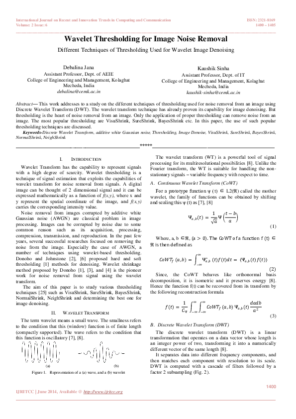 Pdf Wavelet Thresholding For Image Noise Removal Different Techniques Of Thresholding Used For
