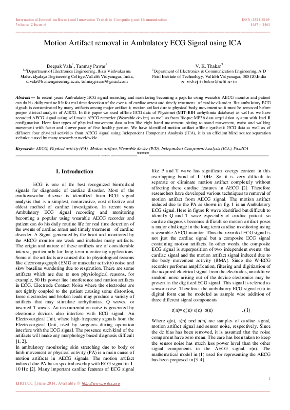 Pdf Motion Artifact Removal In Ambulatory Ecg Signal Using Ica