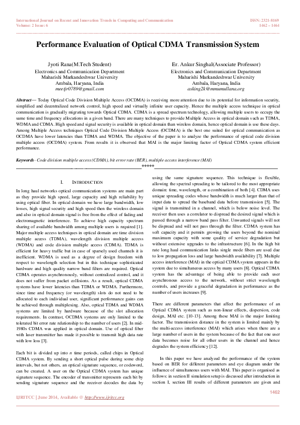 Pdf Performance Evaluation Of Optical Cdma Transmission System