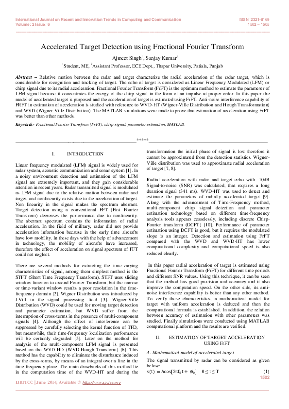 Pdf Accelerated Target Detection Using Fractional Fourier Transform
