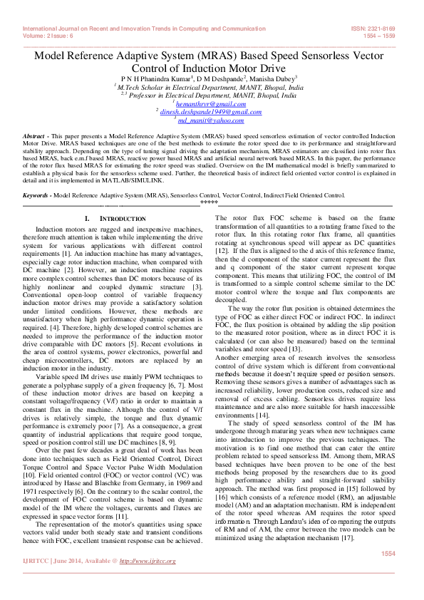 Pdf Model Reference Adaptive System Mras Based Speed Sensorless Vector Control Of Induction