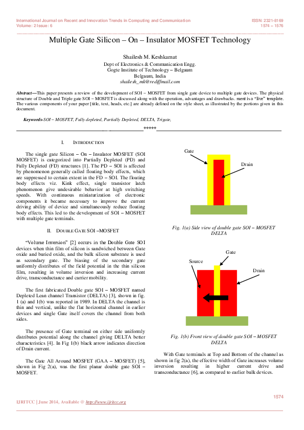 (PDF) Multiple Gate Silicon – On – Insulator MOSFET Technology