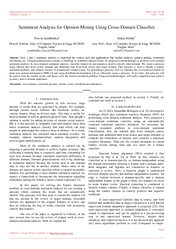 (PDF) Cross-Domain Sentiment Analysis Methodologies