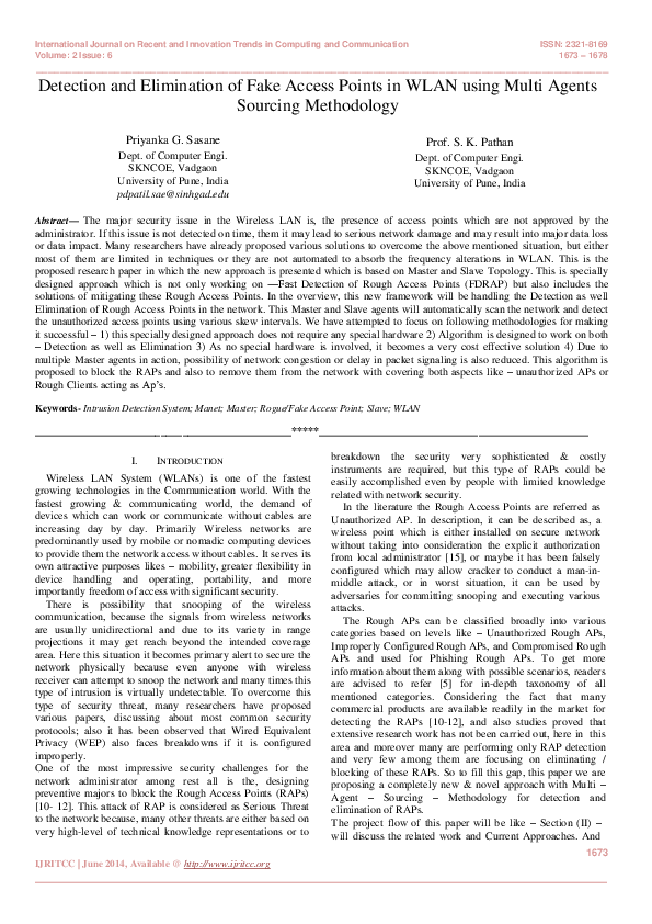 (PDF) Detection and Elimination of Fake Access Points in WLAN using Multi Agents Sourcing ...