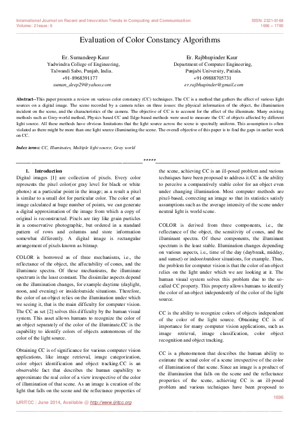 (PDF) Evaluation of Color Constancy Algorithms