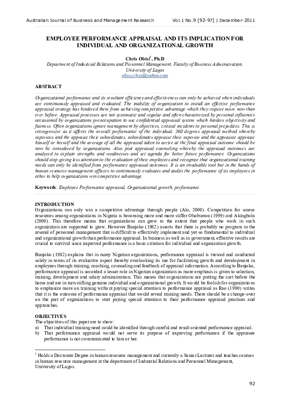 (PDF) EMPLOYEE PERFORMANCE APPRAISAL AND ITS IMPLICATION FOR INDIVIDUAL ...