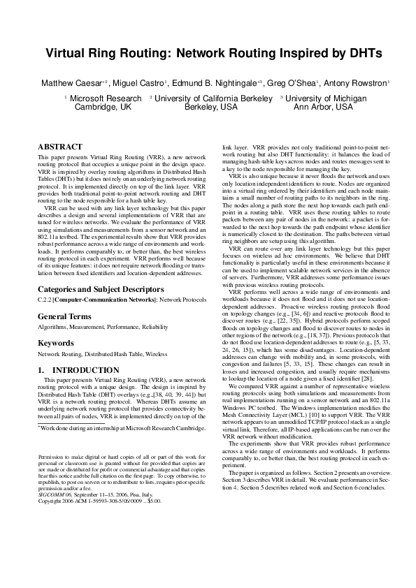 (PDF) Virtual ring routing: network routing inspired by DHTs | Miguel ...