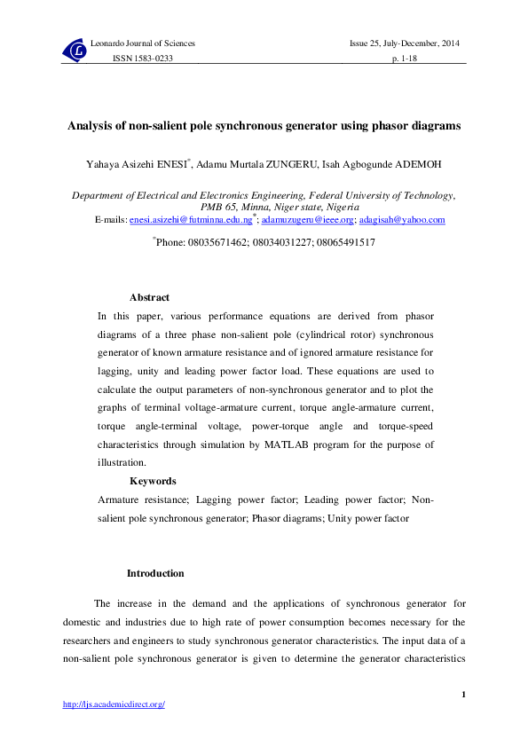 Pdf Analysis Of Non Salient Pole Synchronous Generator Using Phasor Diagrams