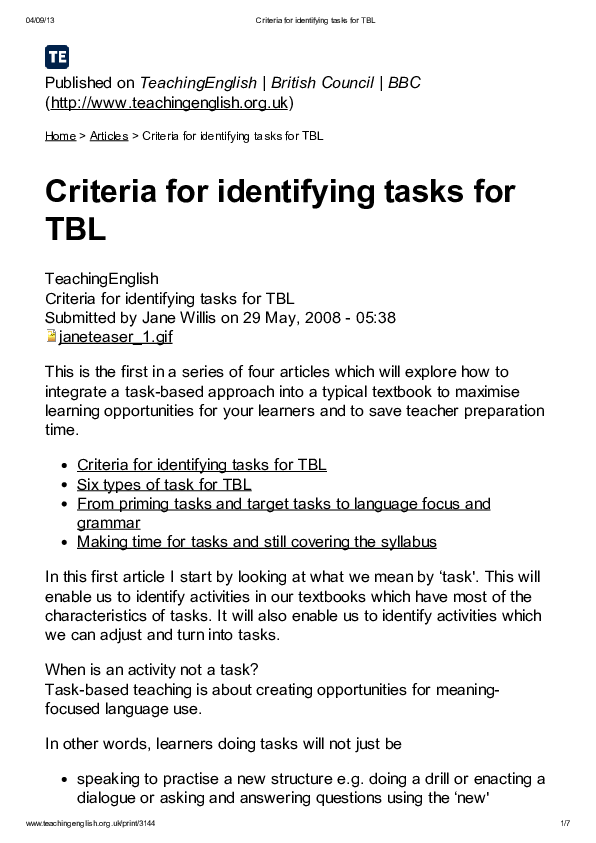(PDF) Criteria for identifying tasks for TBL Home > Articles > Criteria ...