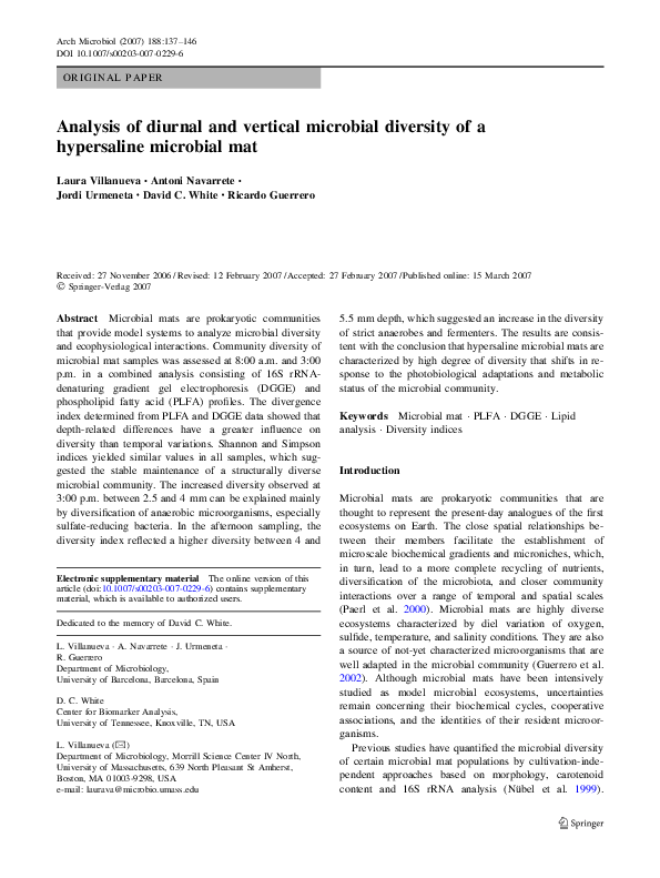 (PDF) Analysis of diurnal and vertical microbial diversity of a hypersaline microbial mat