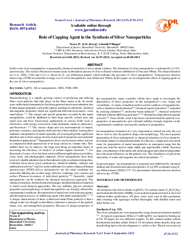 (PDF) Role of capping agent in the synthesis of Silver Nanoparticles