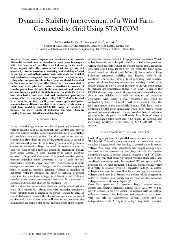 (PDF) Dynamic Stability Improvement of a Wind Farm Connected to Grid Using STATCOM