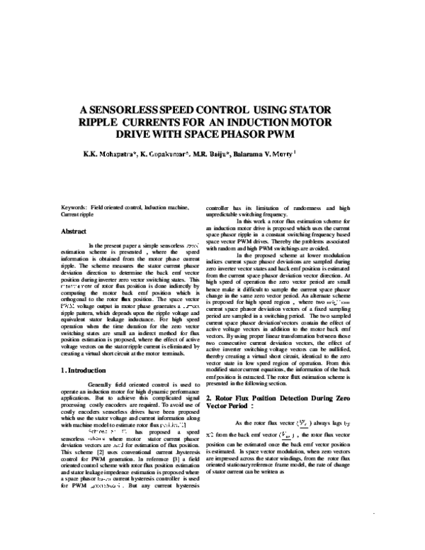 Pdf A Sensorless Speed Control Using Stator Ripple Currents For An