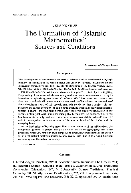 The Formation of “Islamic Mathematics” Sources and Conditions