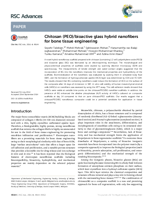 (PDF) Chitosan (PEO)/bioactive glass hybrid nanofibers for bone tissue ...