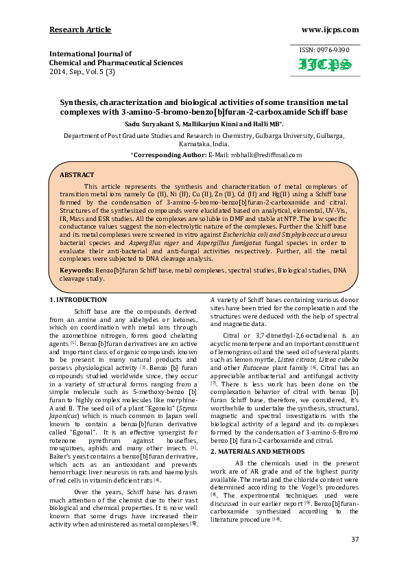 (PDF) Synthesis, characterization and biological activities of some transition metal complexes ...