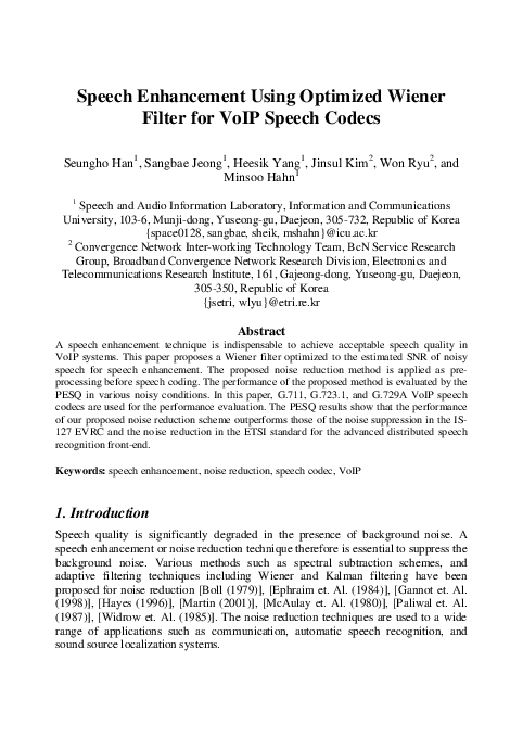 Pdf Speech Enhancement Using Optimized Wiener Filter For Voip Speech Codecs