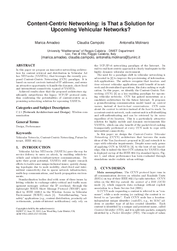 (PDF) Content-Centric Networking: is That a Solution for Upcoming Vehicular Networks?
