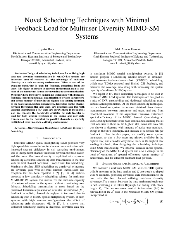 (PDF) Novel Scheduling Techniques with Minimal Feedback Load for Multiuser Diversity MIMO-SM Systems