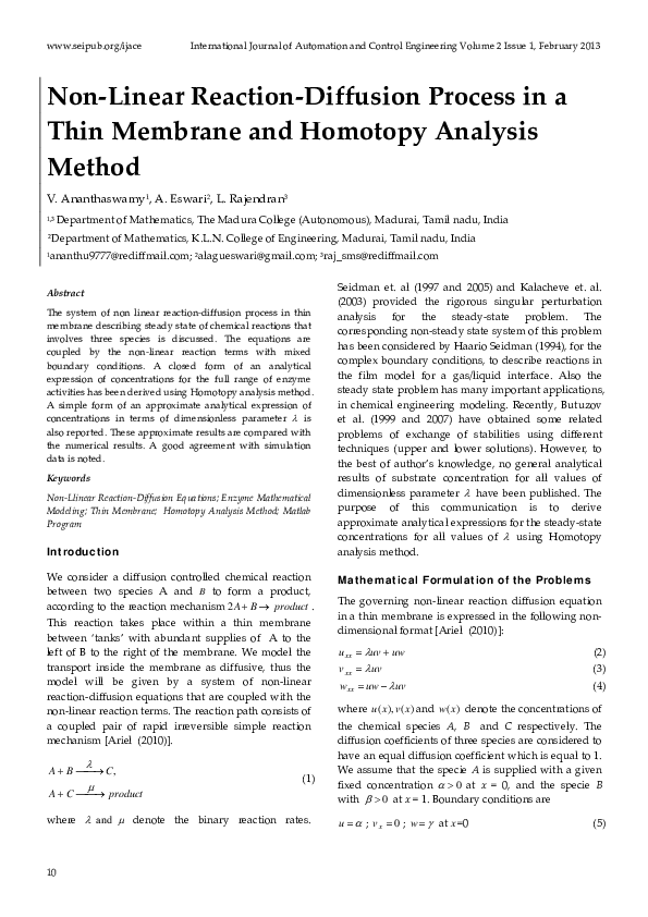 Pdf Non‐linear Reaction‐diffusion Process In A Thin Membrane And Homotopy Analysis Method