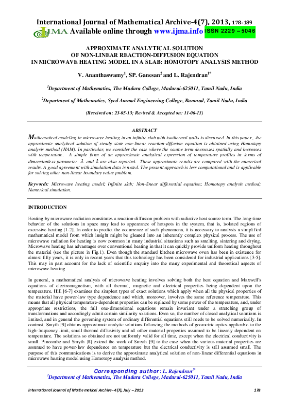 Pdf Approximate Analytical Solution Of Non Linear Reaction Diffusion Equation In Microwave