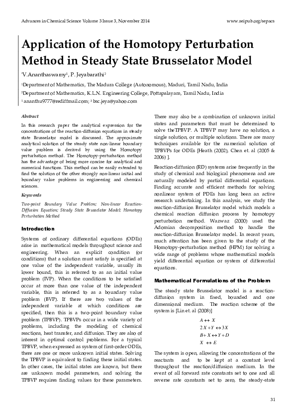 Pdf Application Of The Homotopy Perturbation Method In Steady State Brusselator Model