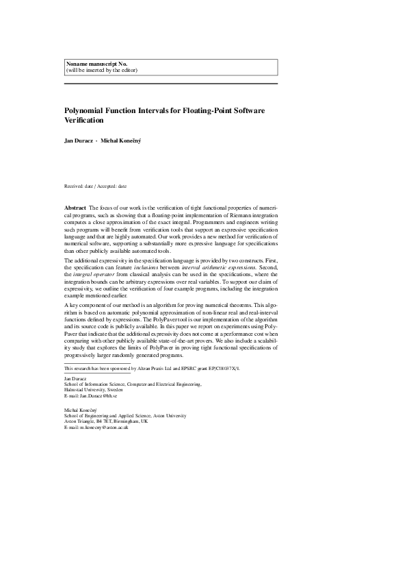 (PDF) Polynomial Function Intervals for Floating-Point Software Verification