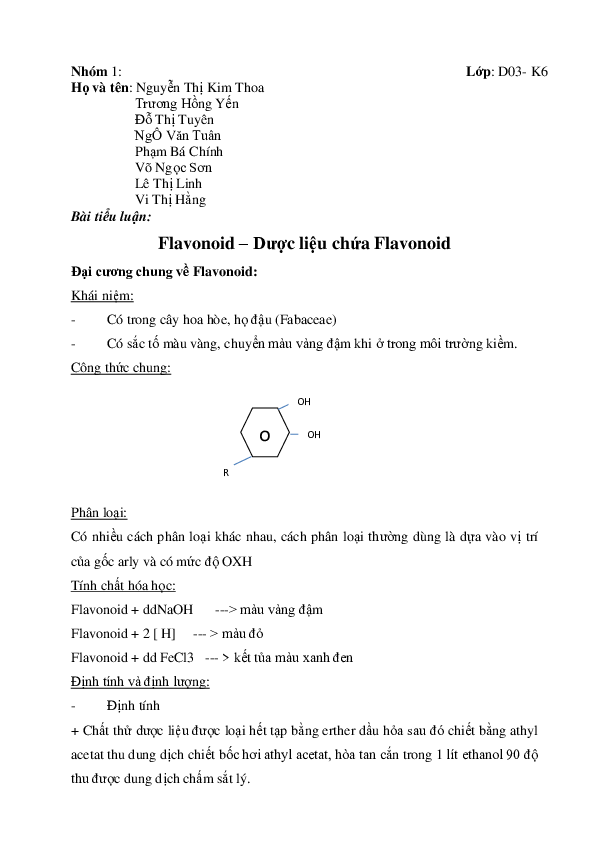(DOC) L p: D03-K6 Bài ti u lu n: Flavonoid – D c li u ch a Flavonoid Khái ni m: Phân lo i ...