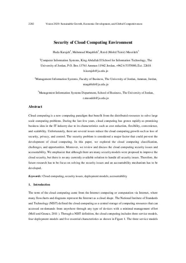 (PDF) Security of Cloud Computing Environment