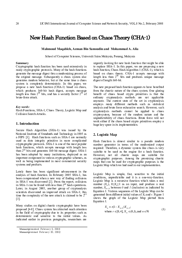(PDF) New Hash Function Based on Chaos Theory (CHA-1)