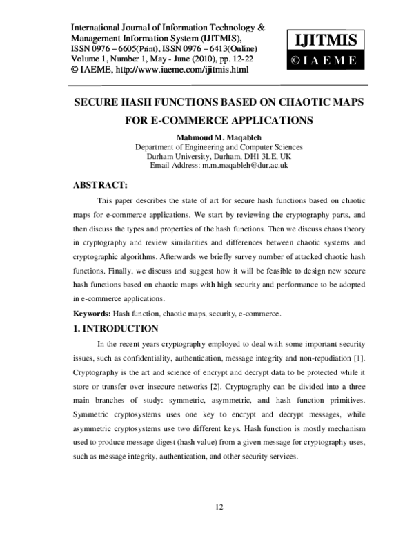 (PDF) SECURE HASH FUNCTIONS BASED ON CHAOTIC MAPS FOR E-COMMERCE APPLICATIONS